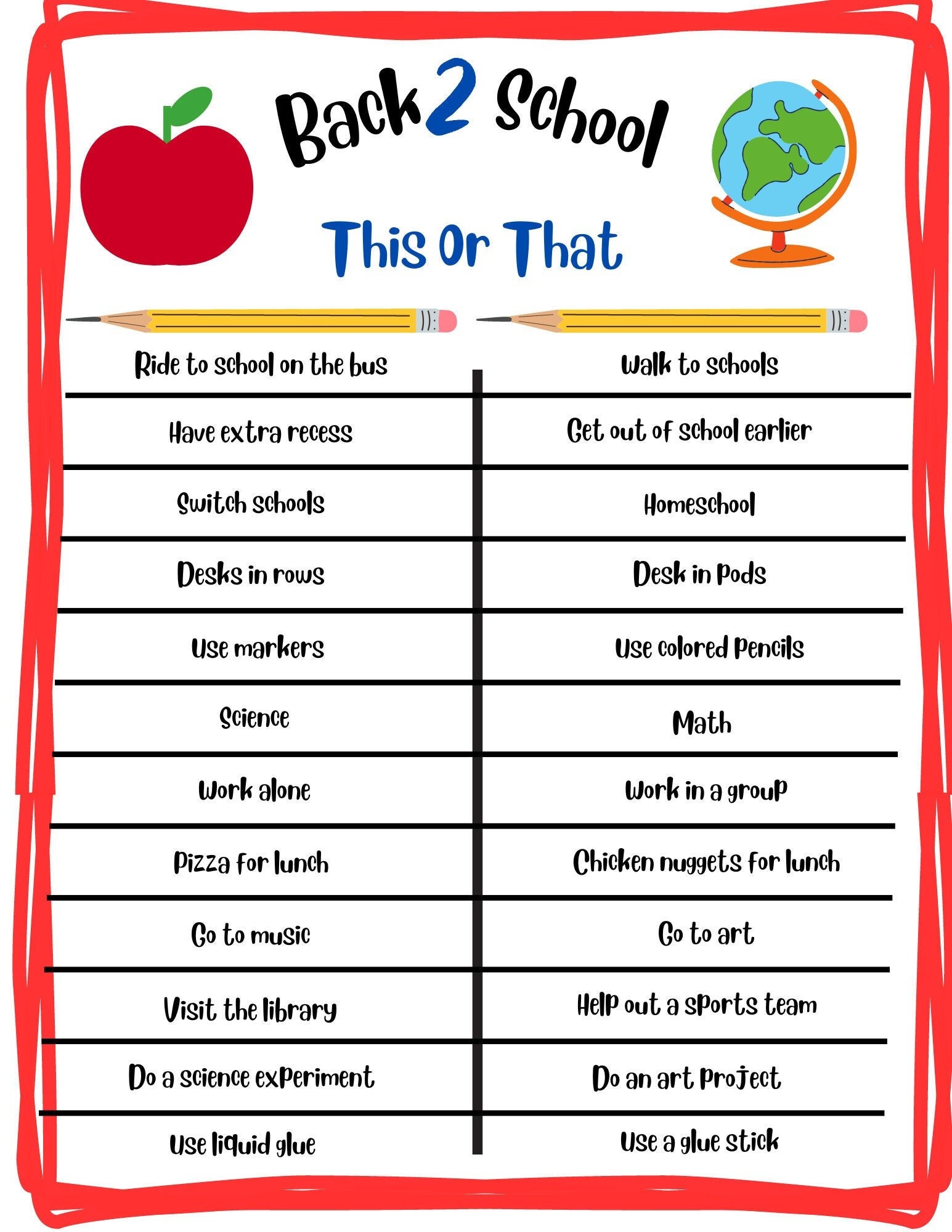 Back to School This or That, Instant Download, Printable, PDF - Etsy