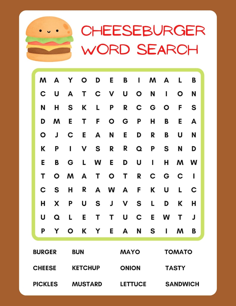 Cheeseburger Word Search, Printable, Instant Download, PDF - Etsy
