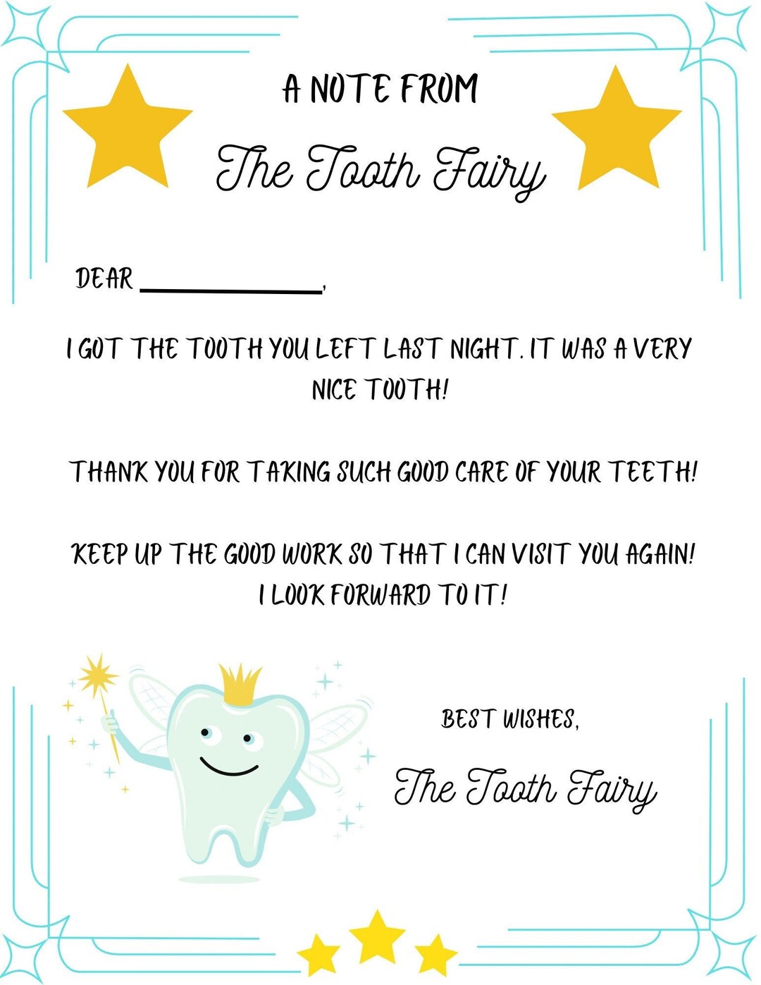 A Note From the Tooth Fairy, Fill in Yourself, Instant Download ...