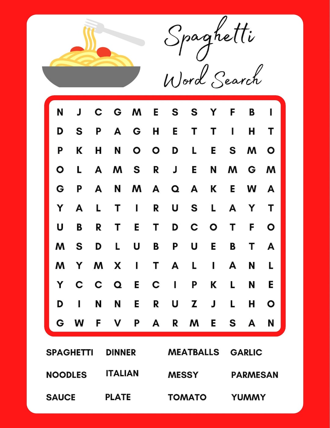 Spaghetti Word Search, Printable, Instant Download, PDF - Etsy