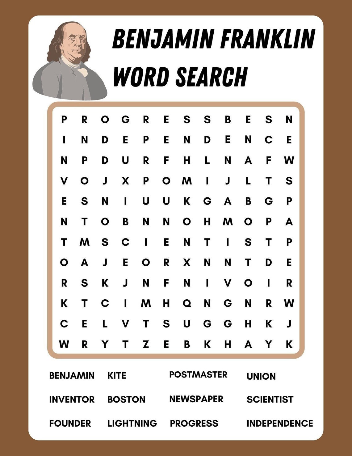 Benjamin Franklin Word Search, Printable, Instant Download, PDF - Etsy