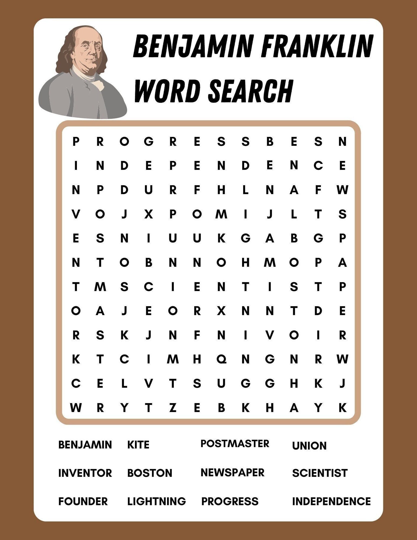 Benjamin Franklin Word Search, Printable, Instant Download, PDF - Etsy