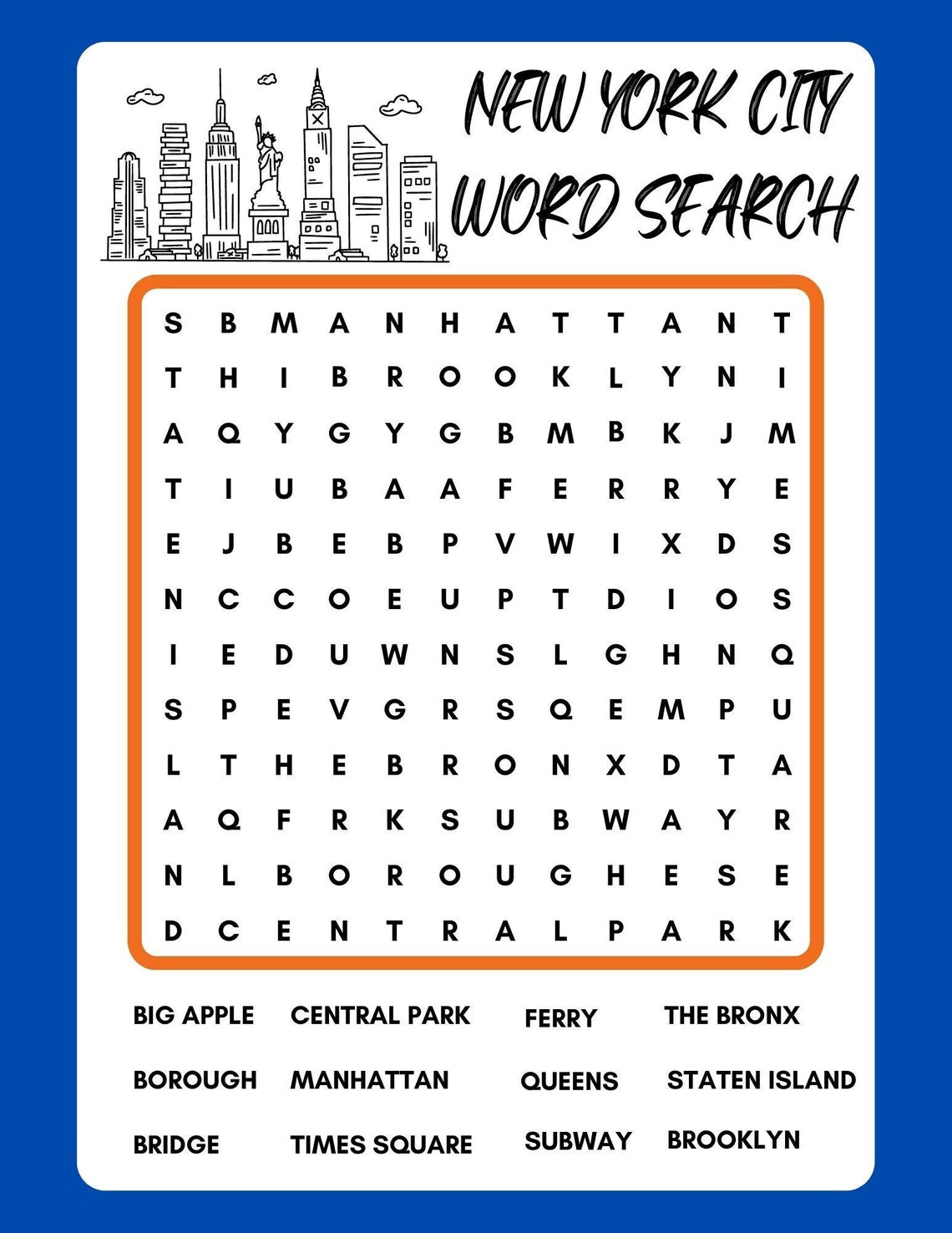 New York City Word Search, Instant Download, Printable, PDF - Etsy