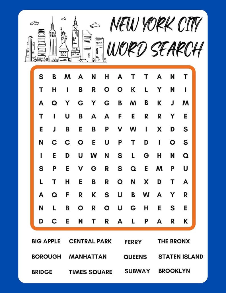 New York City Word Search, Instant Download, Printable, PDF - Etsy