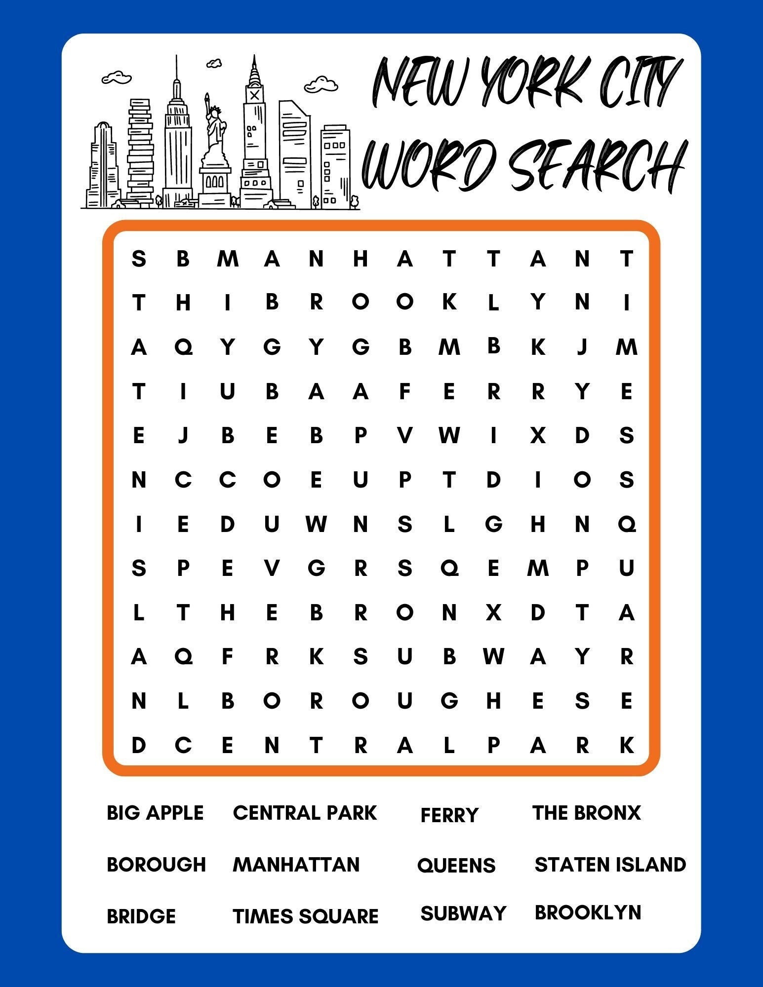 New York City Word Search, Instant Download, Printable, PDF - Etsy