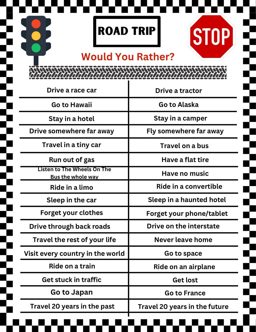 Road Trip Game Would You Rather, PDF, Printable - Etsy