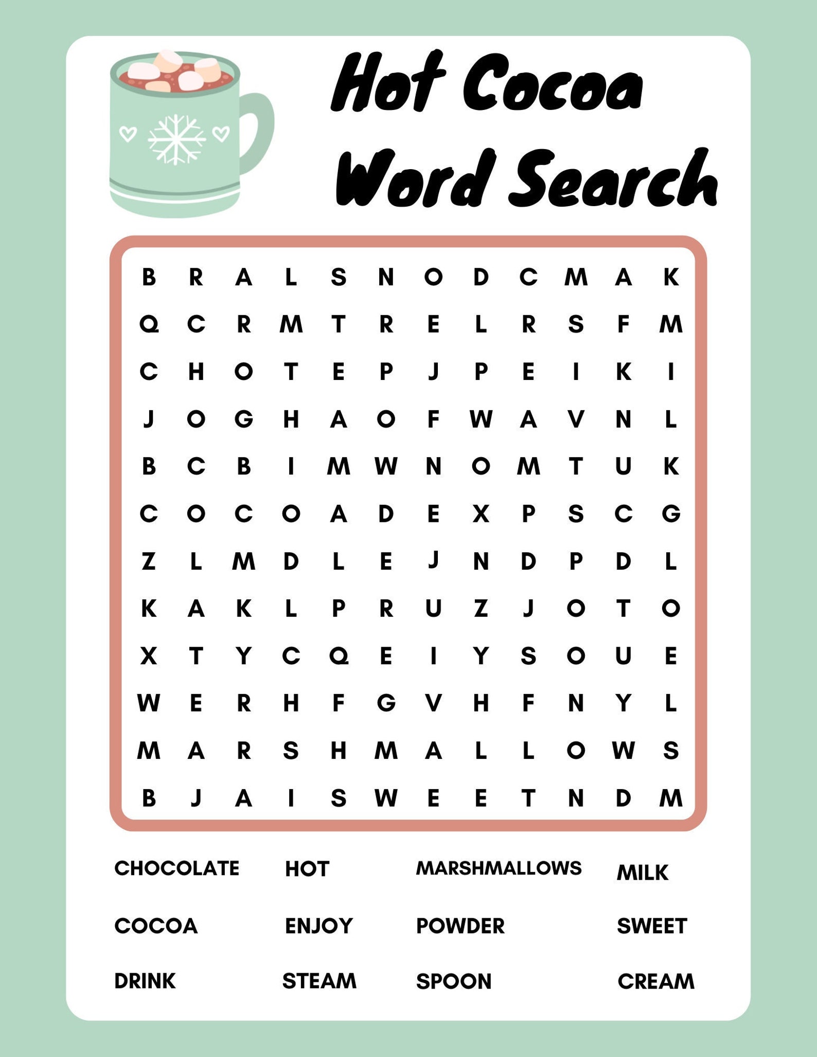 Hot Cocoa Word Search, Printable, Instant Download, PDF - Etsy