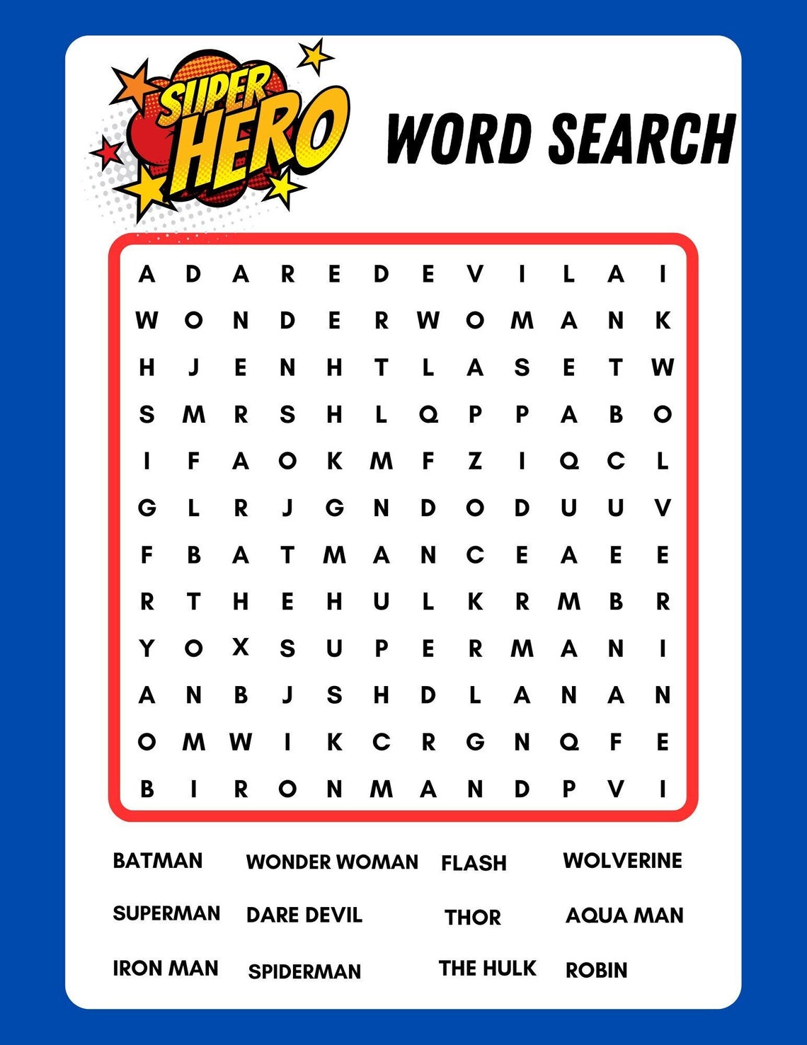 Super Hero Word Search, Printable, Instant Download, PDF - Etsy