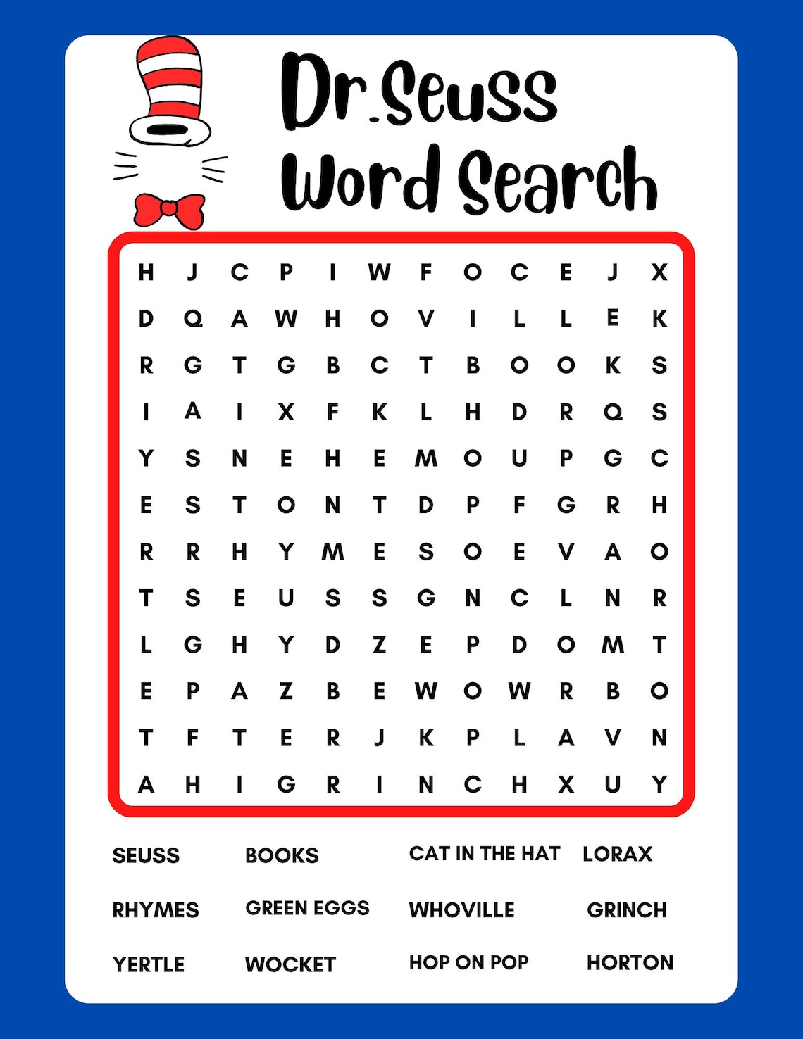 Dr. Seuss Word Search, Instant Download, Printable, PDF - Etsy