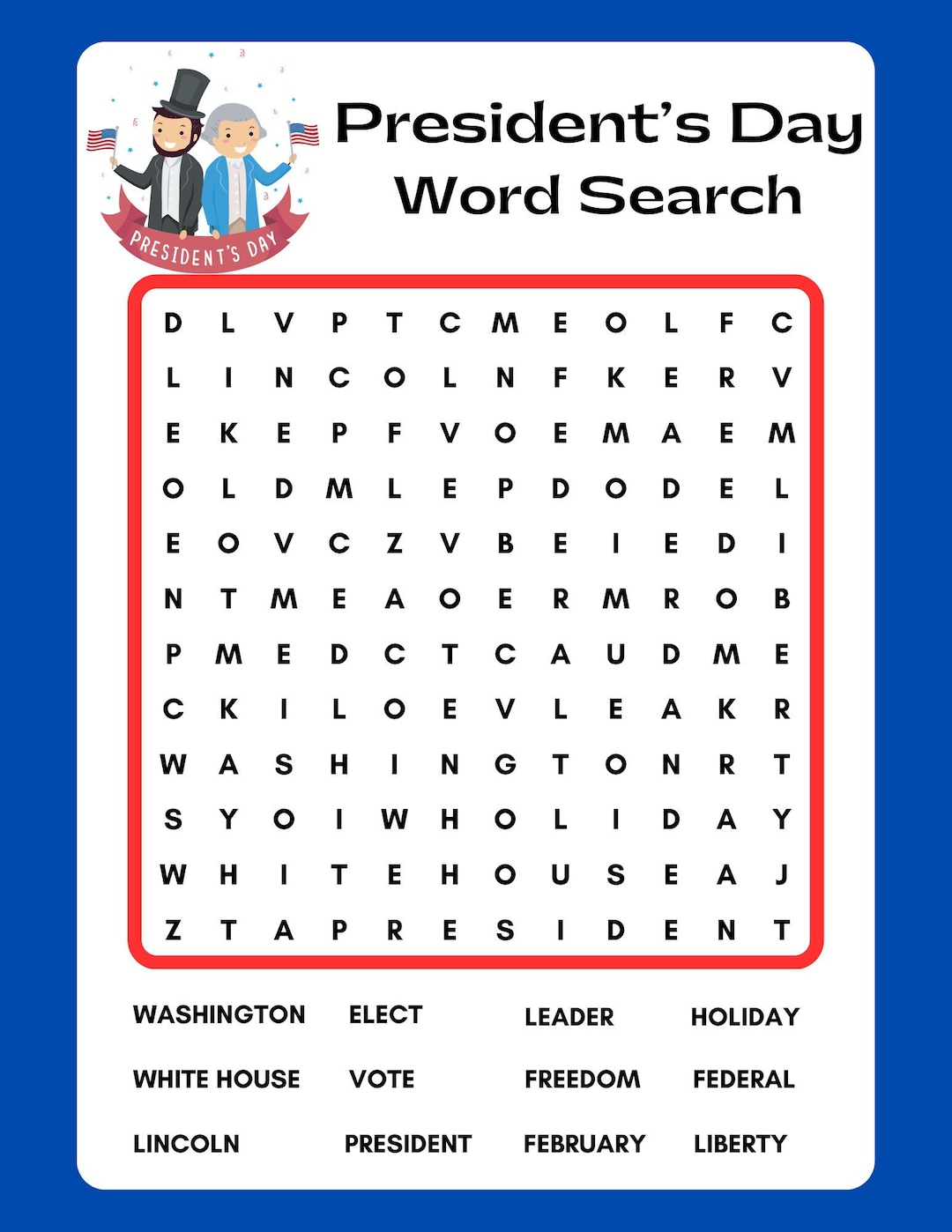 Presidents Day Word Search, Instant Download, Printable, PDF - Etsy