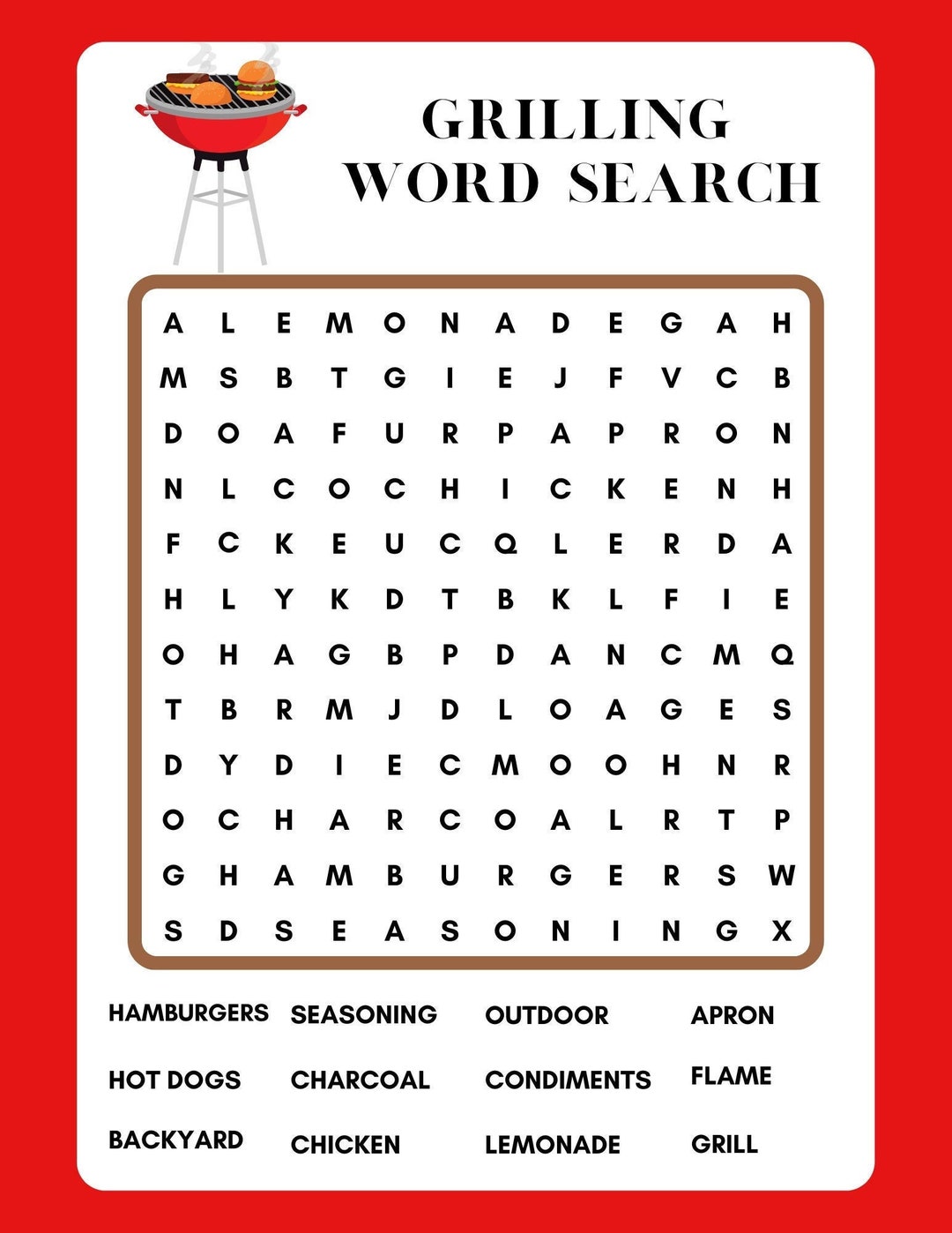 Grilling Word Search, Instant Download, Printable, PDF - Etsy