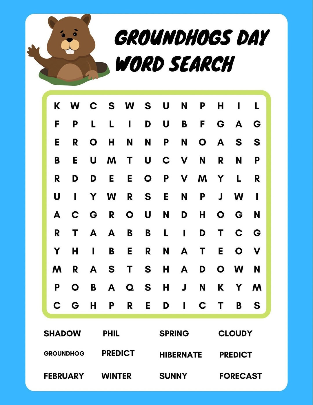 Groundhogs Day Word Search, Printable, Instant Download, PDF - Etsy