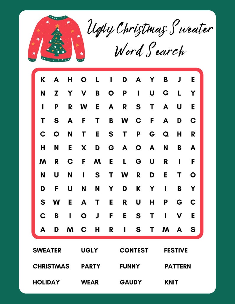 Ugly Sweater Word Search, Printable, Instant Download, PDF - Etsy