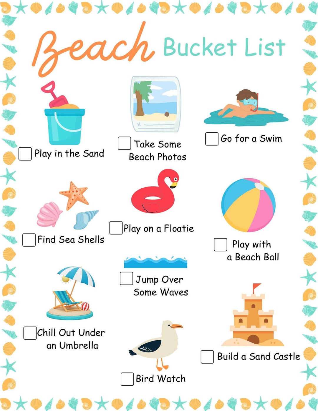 Beach Bucket List, Summer Time, Printable, PDF - Etsy