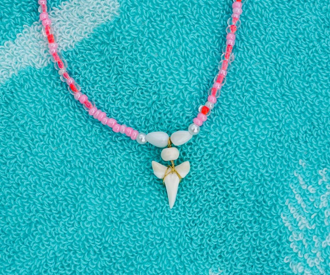 Shark Bait Pink Seed Bead Necklace With Real Shell and Shark Teeth - Etsy