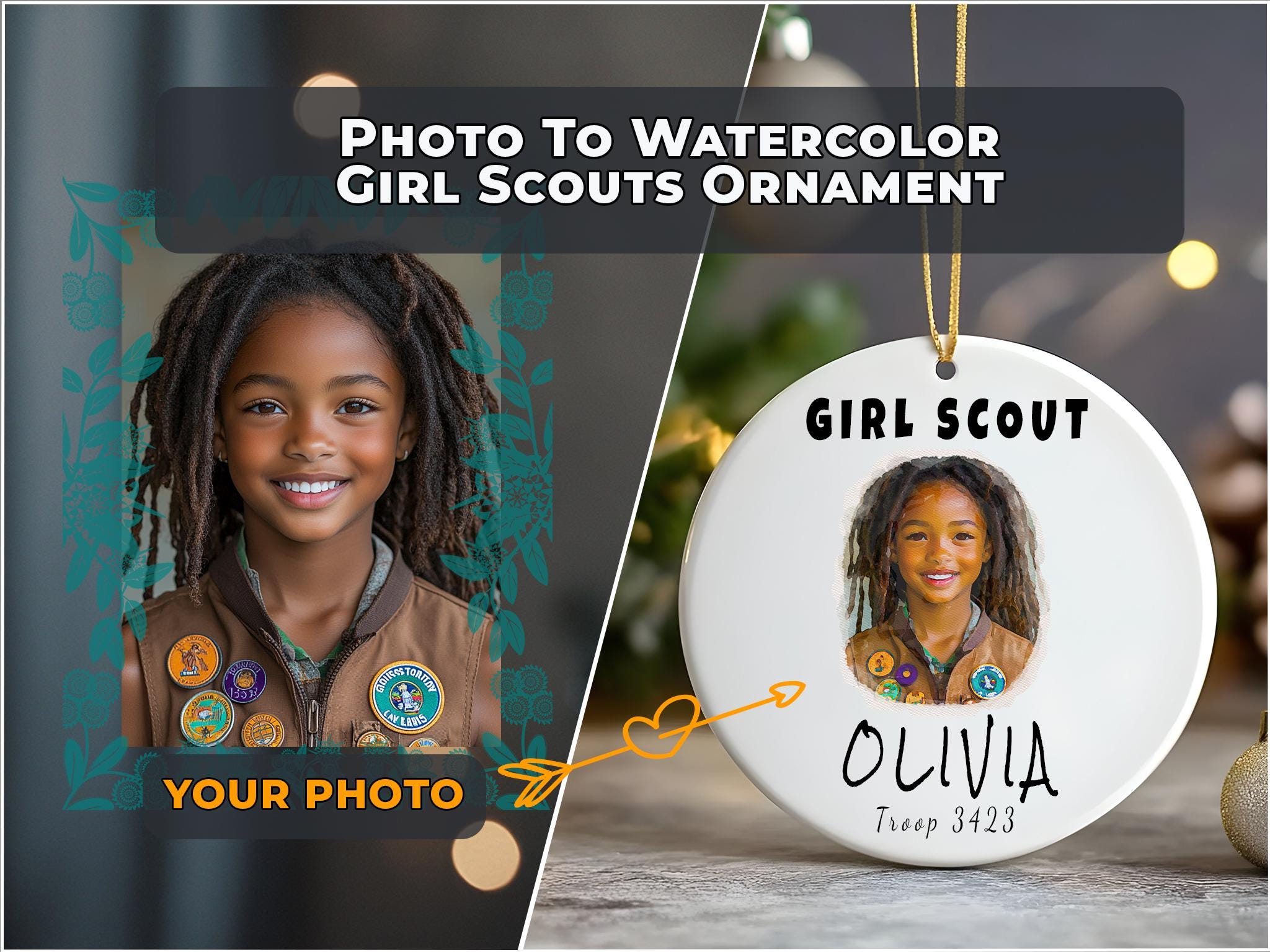 Girl Scout Custom Photo to Watercolor Ornament Personalized Name and ...