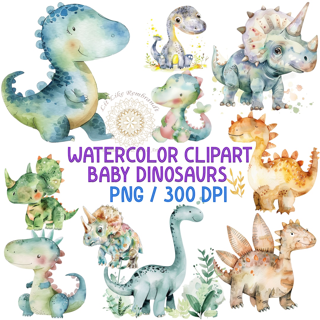 10 Baby Dinosaur Clip Art, Cute Dinos Clipart, Watercolor Dinosaur PNG ...