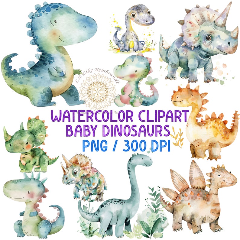10 Baby Dinosaur Clip Art, Cute Dinos Clipart, Watercolor Dinosaur PNG ...