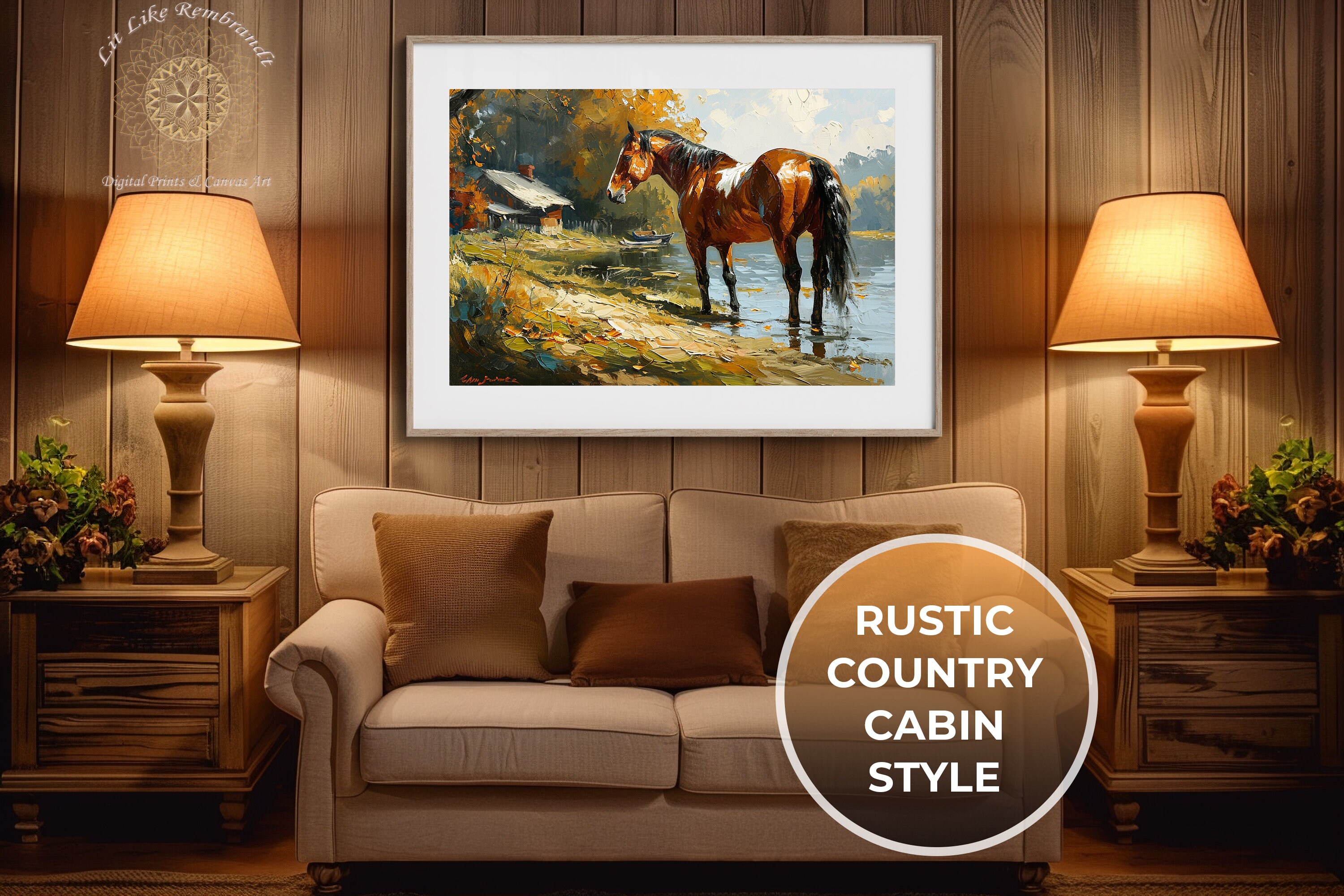 Rustic Horse Canvas Art, Autumn Lake Landscape Painting, Country Home ...