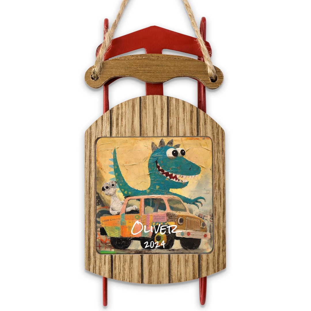 Dinosaur Sled Ornament, Personalized Dino Ornament, Custom Name and ...