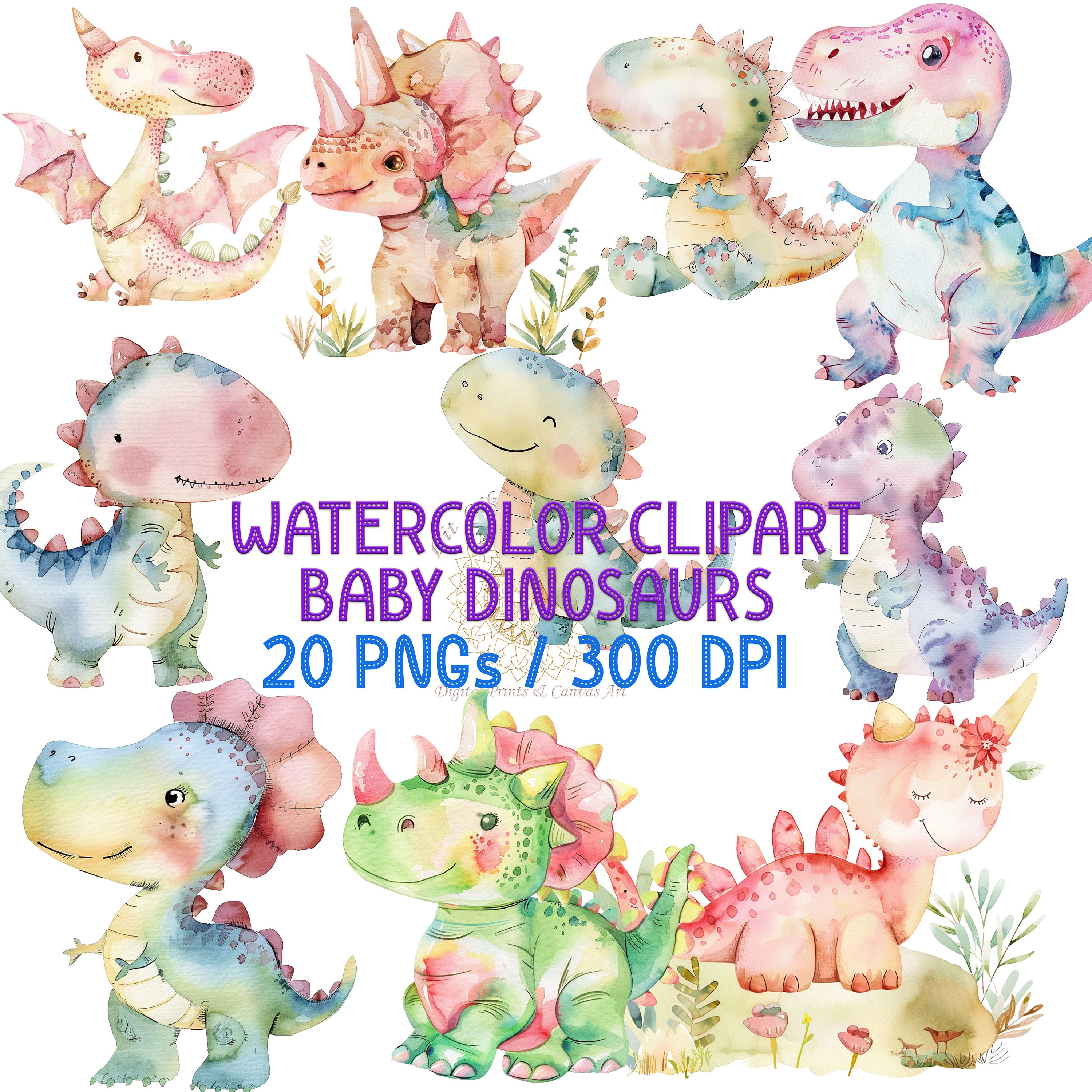 Set of 20 Watercolor Dinosaur PNG Clipart Set, Cute Dino Illustrations ...
