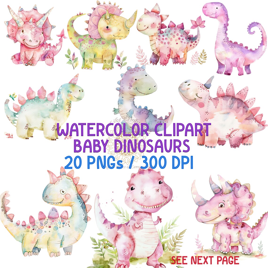 Set of 20 Watercolor Dinosaur PNG Clipart Set, Cute Dino Illustrations ...