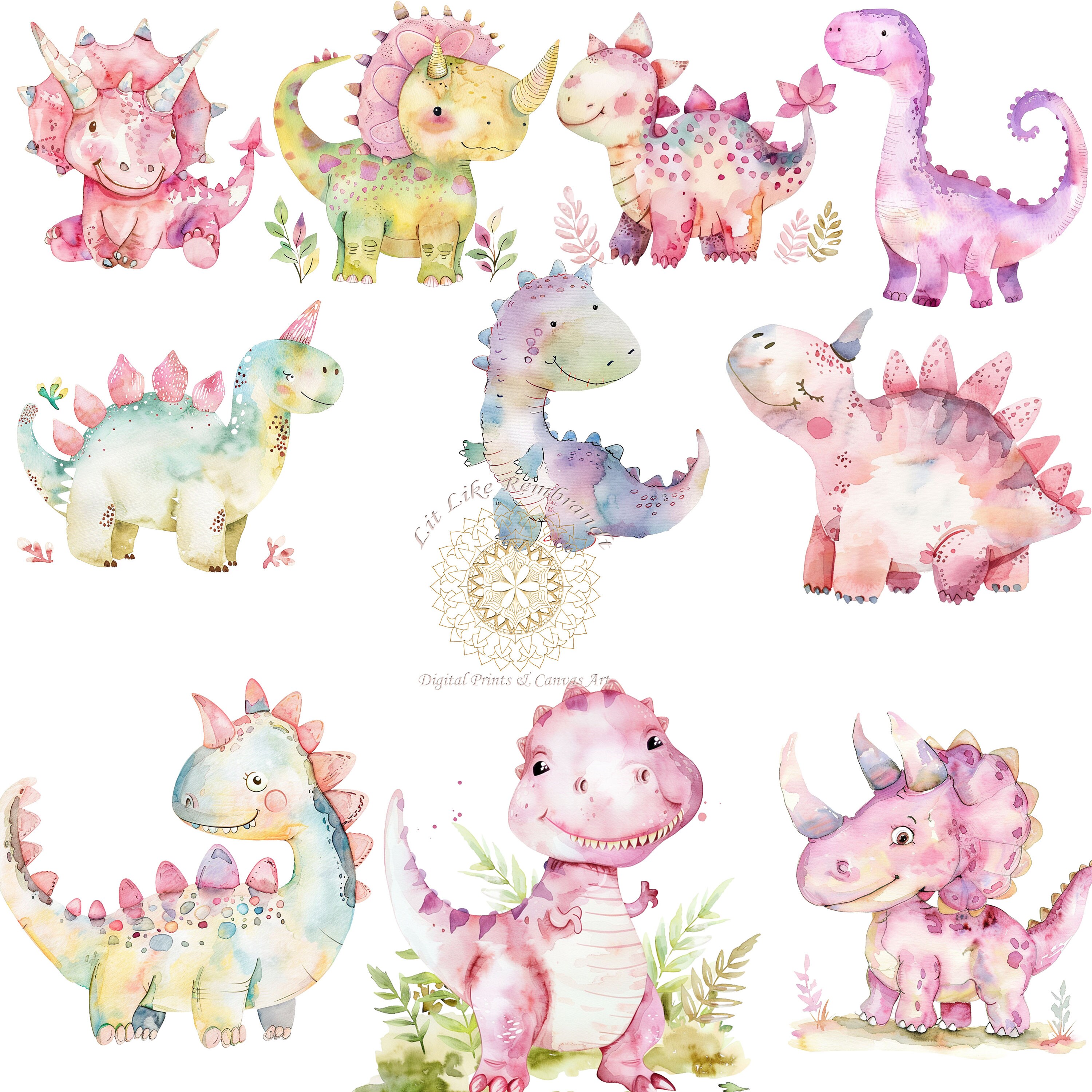Set of 20 Watercolor Dinosaur PNG Clipart Set, Cute Dino Illustrations ...