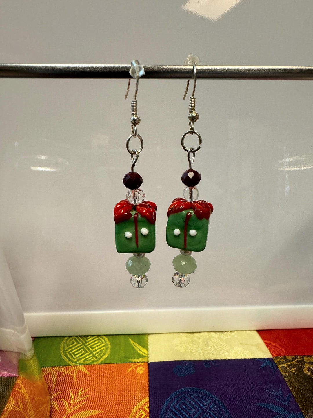 Red, Green | Wrapped Gift Charm | Dangle Earrings | Red, Green Glass ...