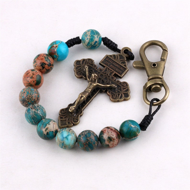 One Decade Rosary Blue Gemstone Bead Catholic Pocket Keychain - Etsy