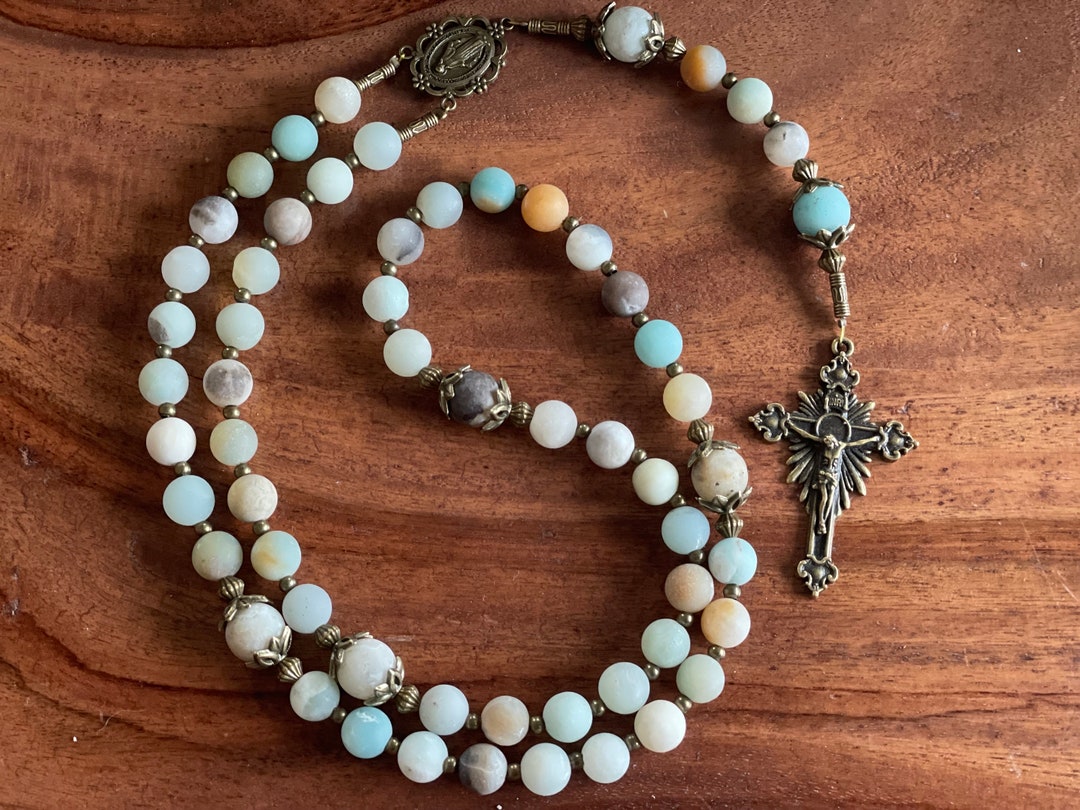 Catholic Rosary Amazonite Stone Beads With Bronze Plated Miraculous ...