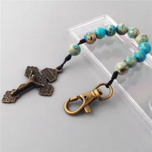 One Decade Rosary Blue Gemstone Bead Catholic Pocket Keychain - Etsy