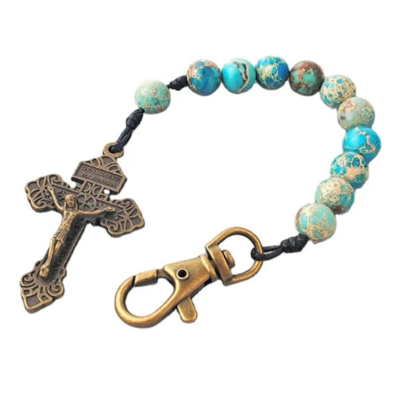 One Decade Rosary Blue Gemstone Bead Catholic Pocket Keychain - Etsy