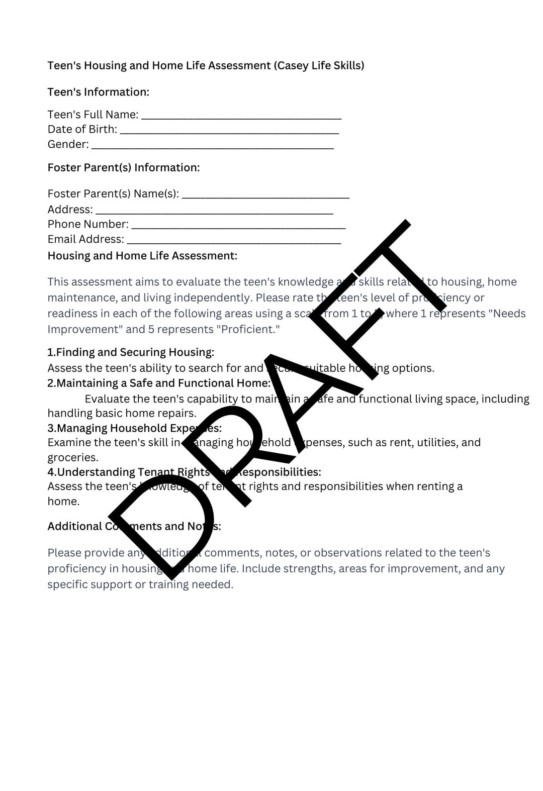 Foster Care-teen's Housing and Home Life Assessment casey Life Skills ...