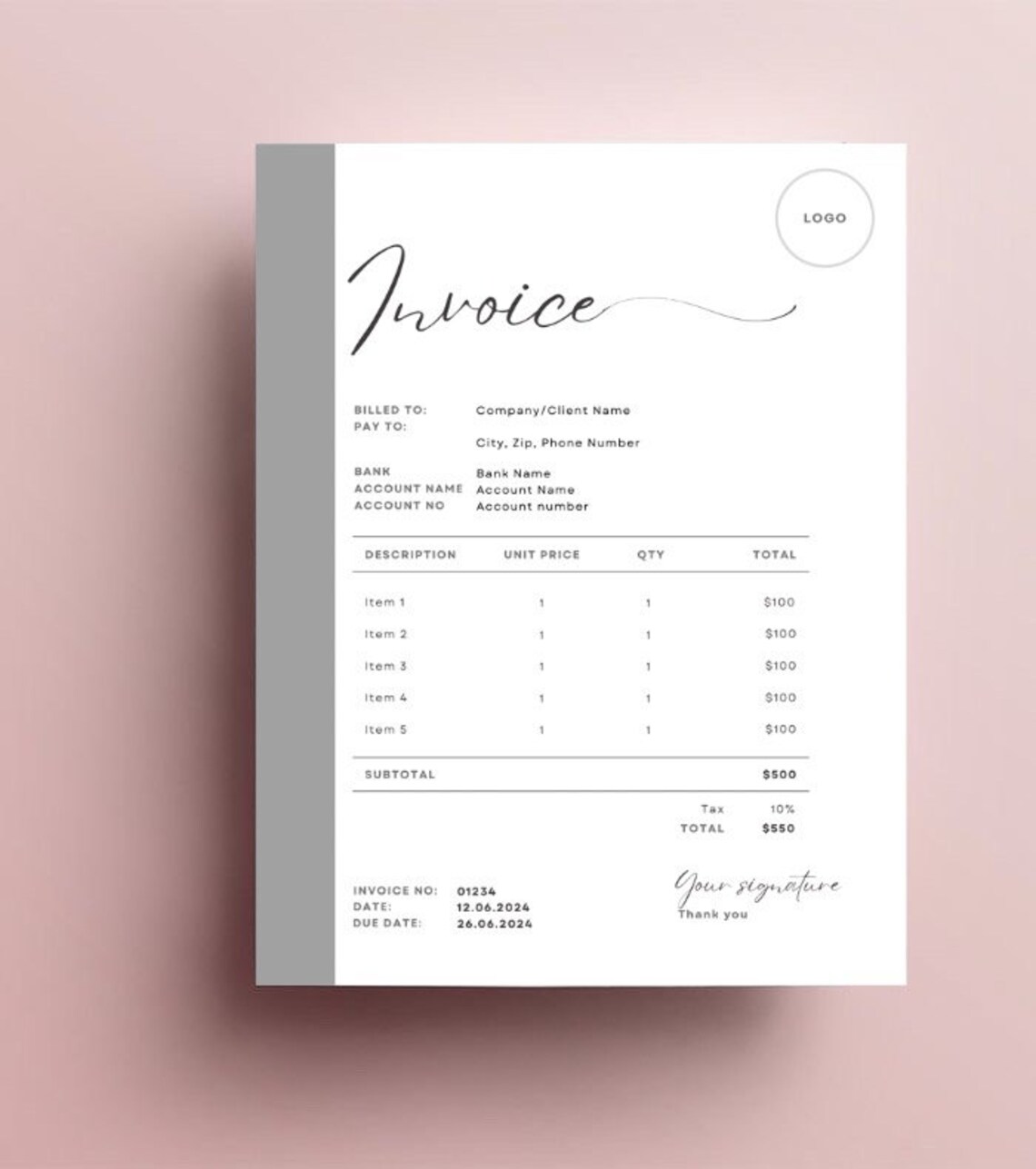 Modern Minimalist Invoice Template Fully Customizable Instant Modern Minimalist Invoice Template Fully Customizable Instant