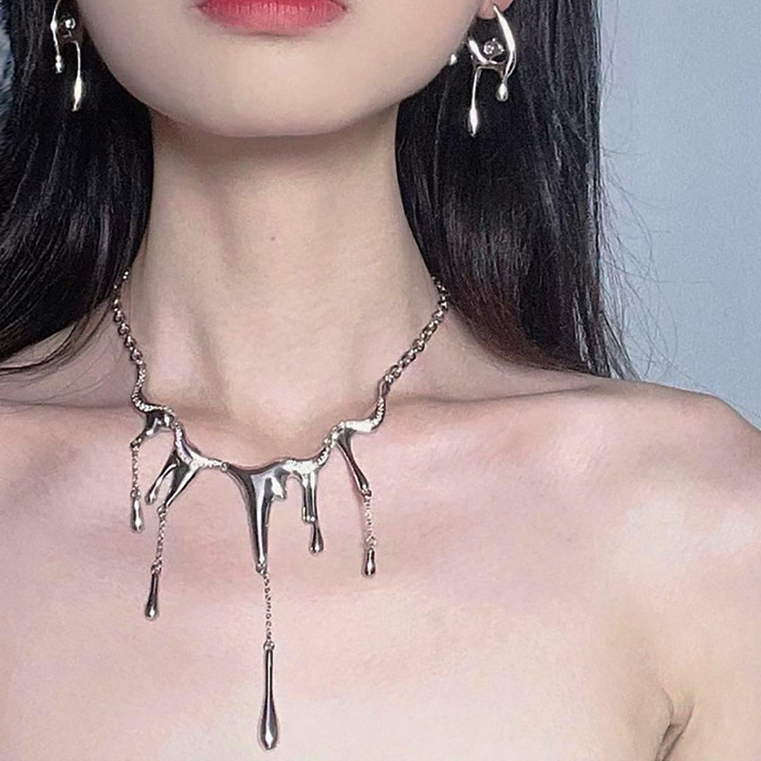 Dripping Liquid Necklace Punk Gothic Street Molten Water Drop Pendant ...