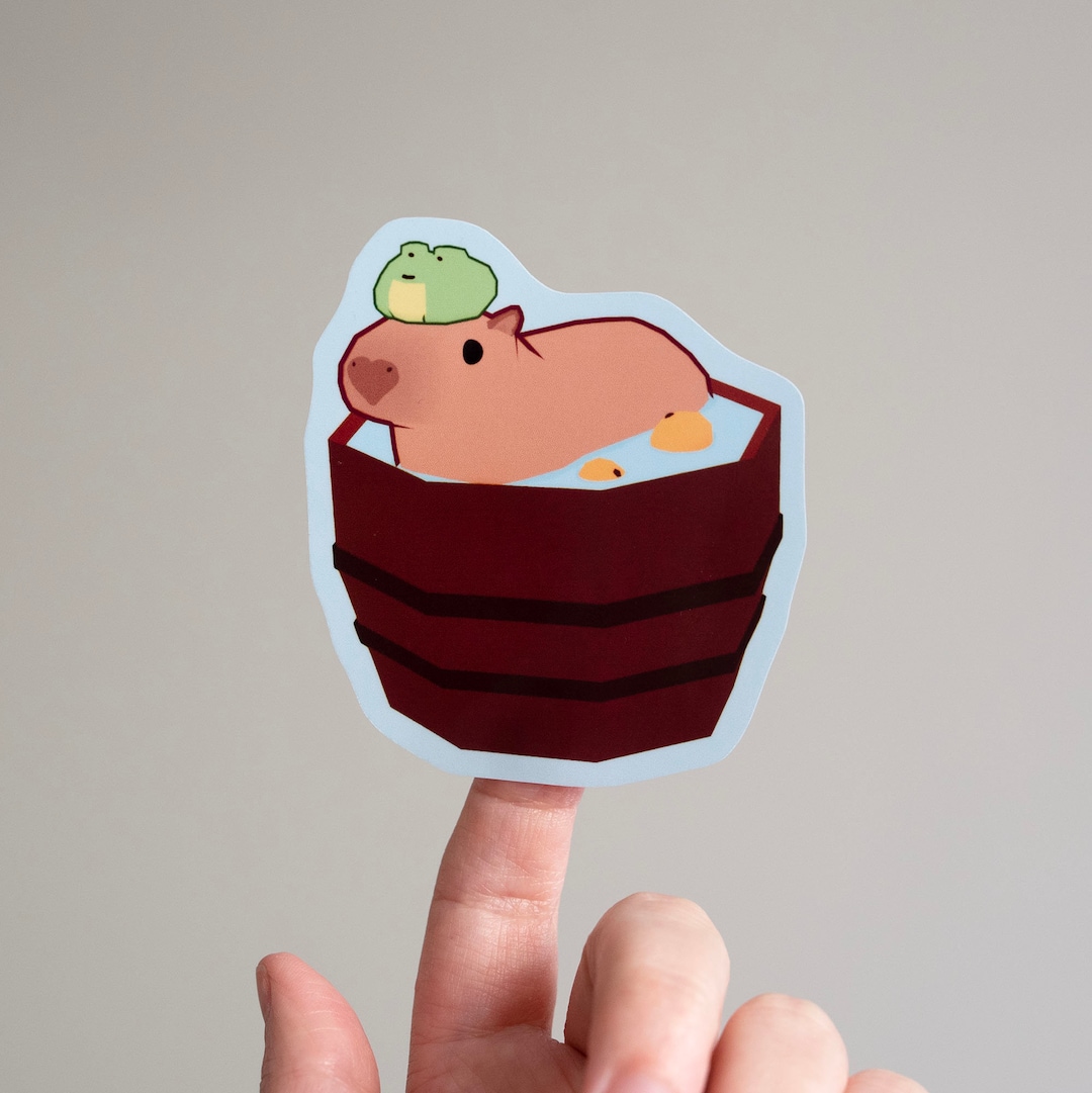 Capybara and Frog in a Tangerine Bath Waterproof Glossy Vinyl Sticker ...