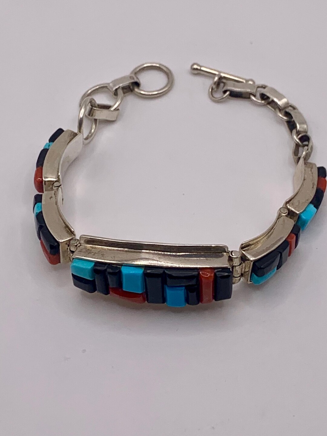 Stanley Manygoats Turquoise Onyx Coral Toggle Clasp Bracelet. Stunning ...