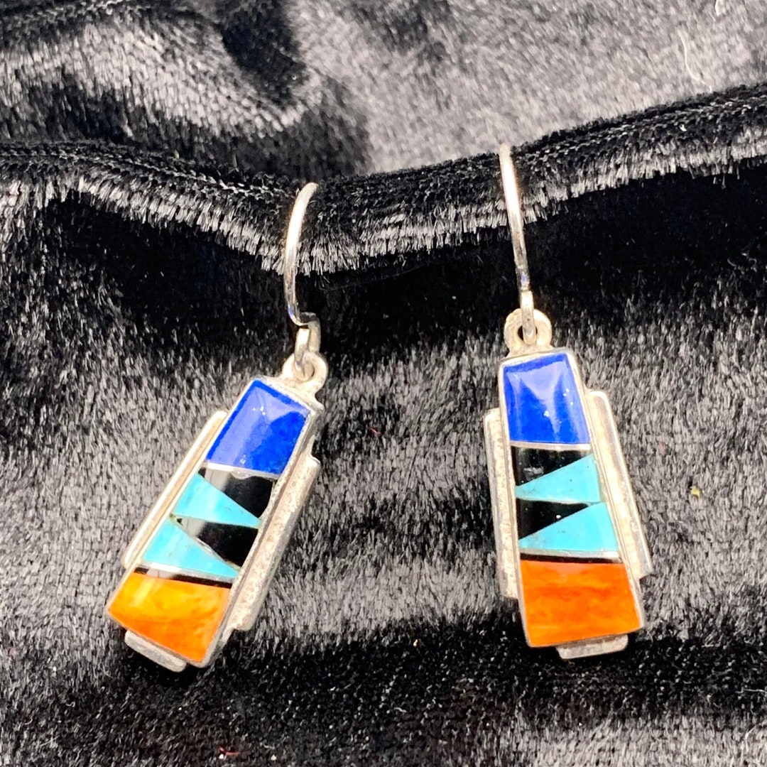 Handmade Zuni Artist Kee Nataani Inlay Dangle Earrings, Southwestern ...