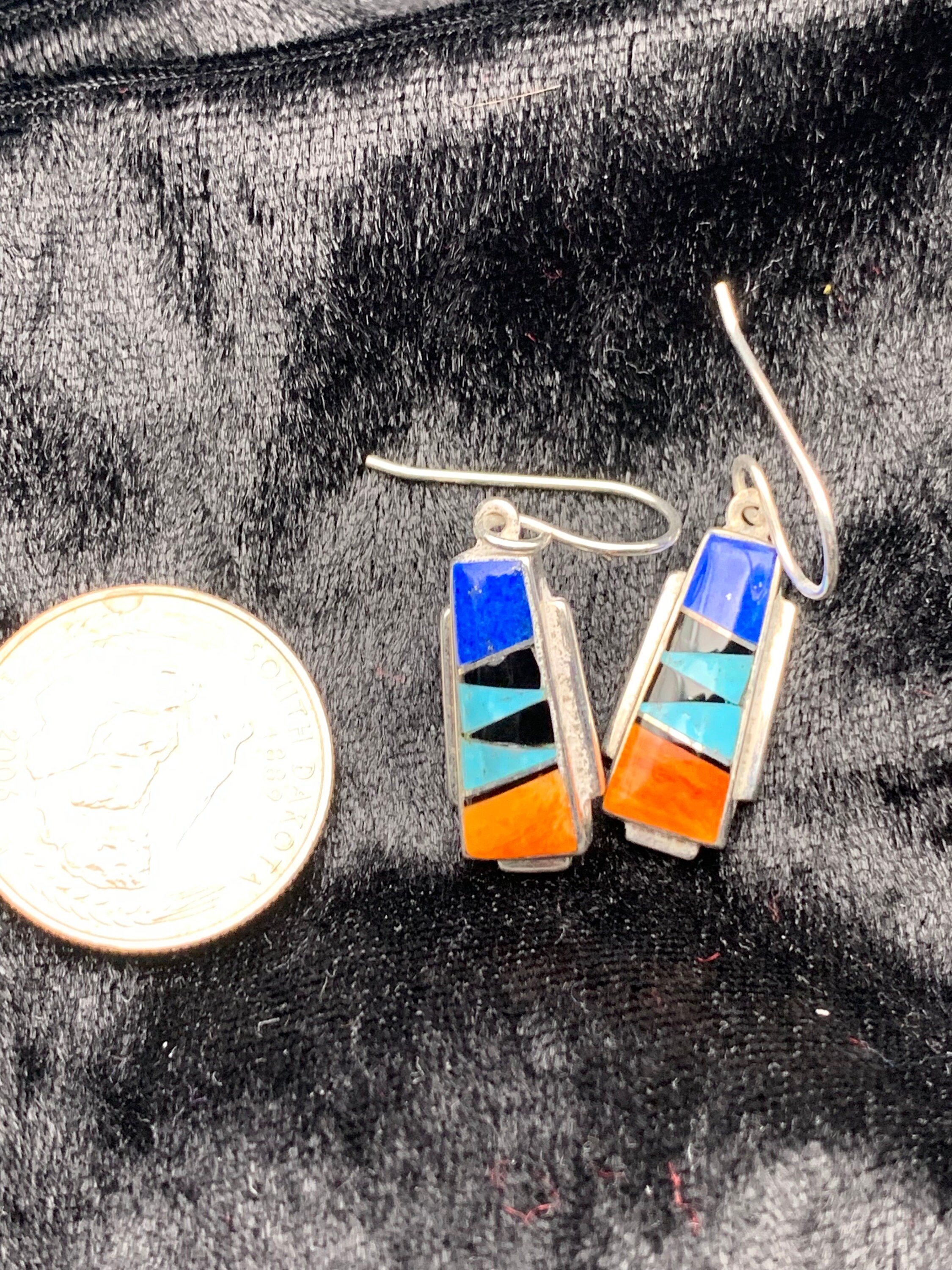 Handmade Zuni Artist Kee Nataani Inlay Dangle Earrings, Southwestern ...