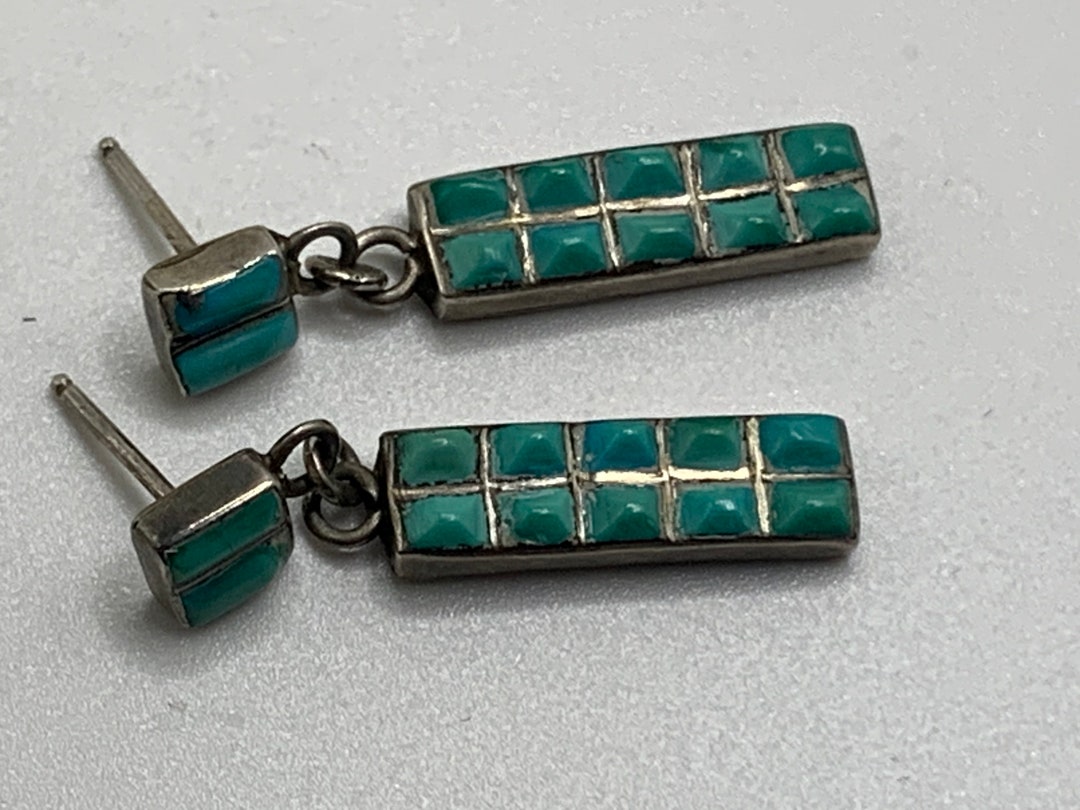 Handmade Vintage Turquoise Inlay Zuni Dangle Earrings - Etsy