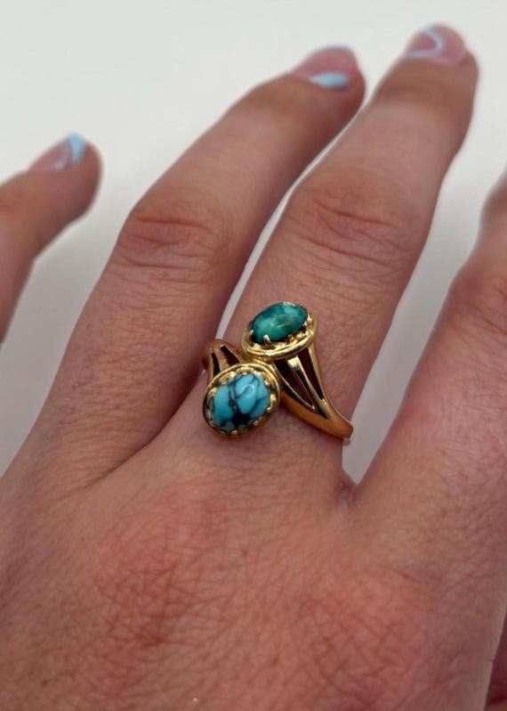 14k gold Native American Double Turquoise nugget ring… - Gem