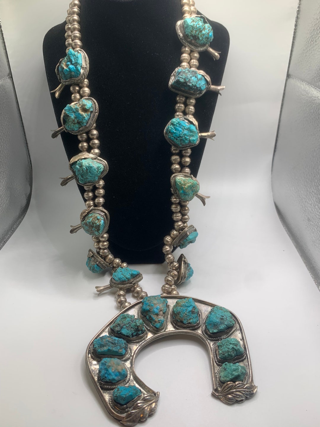 HUGE Vintage Nugget Sea Foam Turquoise and Silver Squash Blossom ...