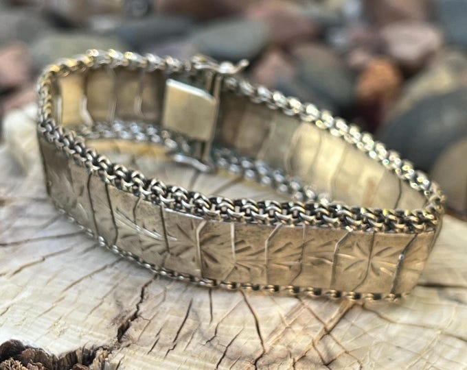 Vintage Etched Sterling Silver Link Bracelet: Handmade 950 Silver Chain ...