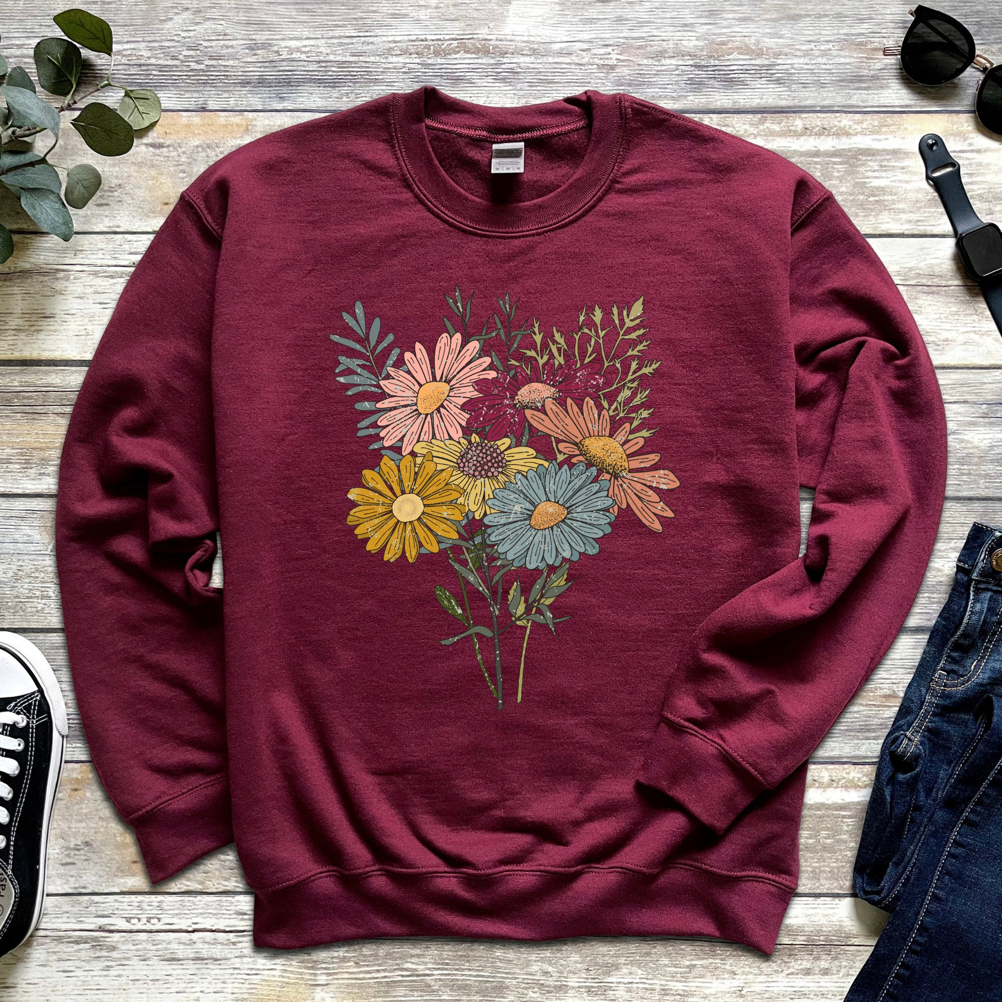 Daisy Flower Sweatshirt for Women Cozy Floral Hooded Women's Sweatshirt ...