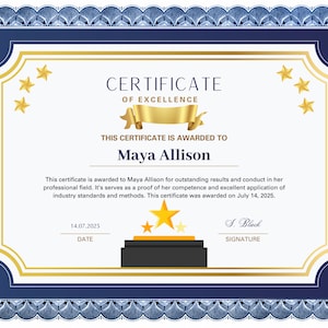 Editable Excellence Certificate Award| Recognition Award Display| Award ...