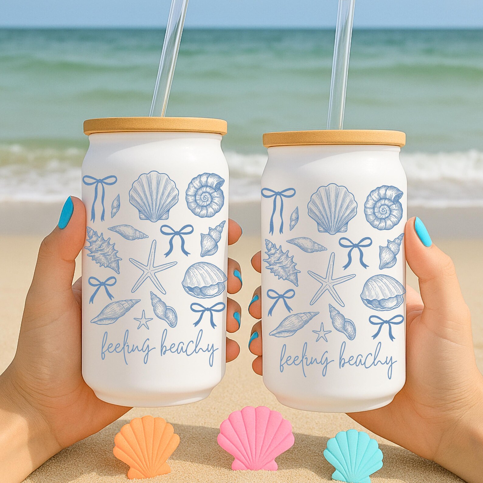 Feeling Beachy Seashell Can Glass, Coastal Toile De Jouy Class ...