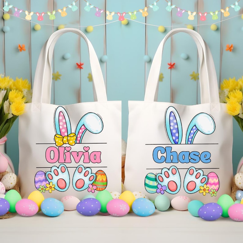 Personalized Easter Bunny Canvas Tote Bag, Custom Name Easter Bag ...