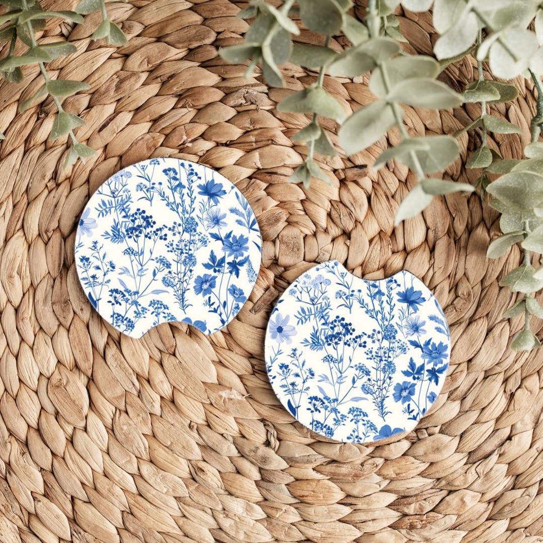 Blue Toile De Jouy Car Coasters Set of 2, Cottagecore Aesthetic Car ...