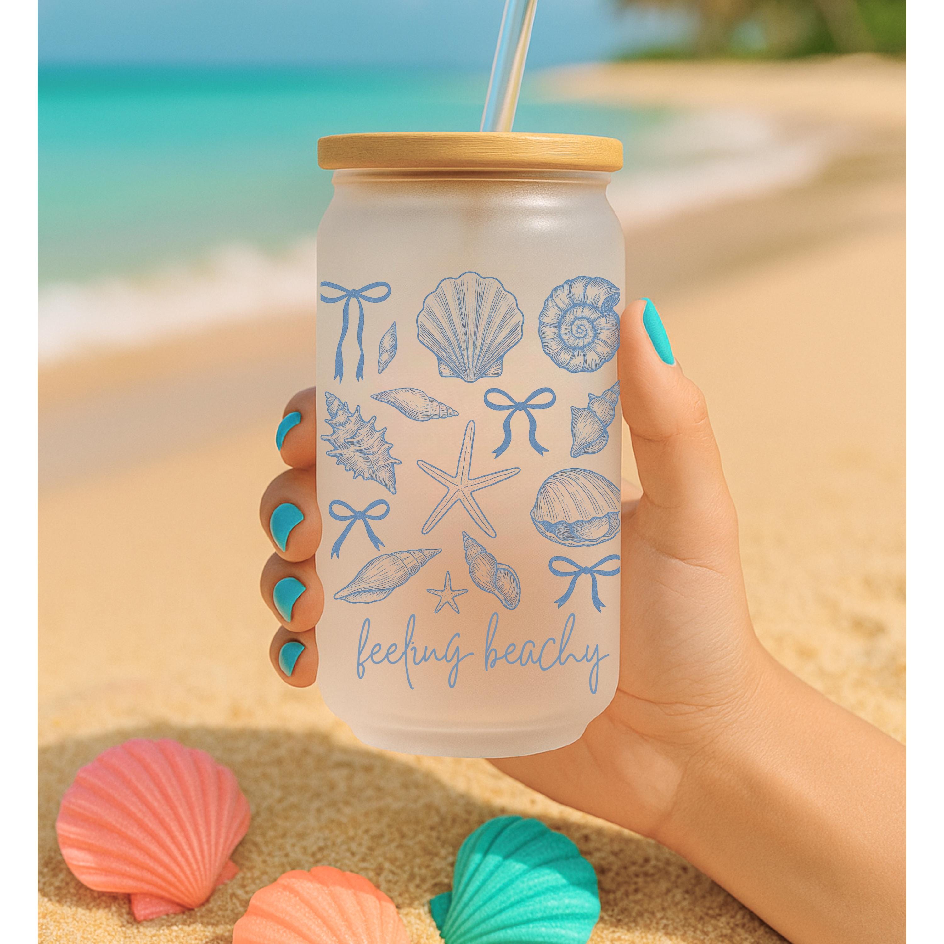 Feeling Beachy Seashell Can Glass, Coastal Toile De Jouy Class ...