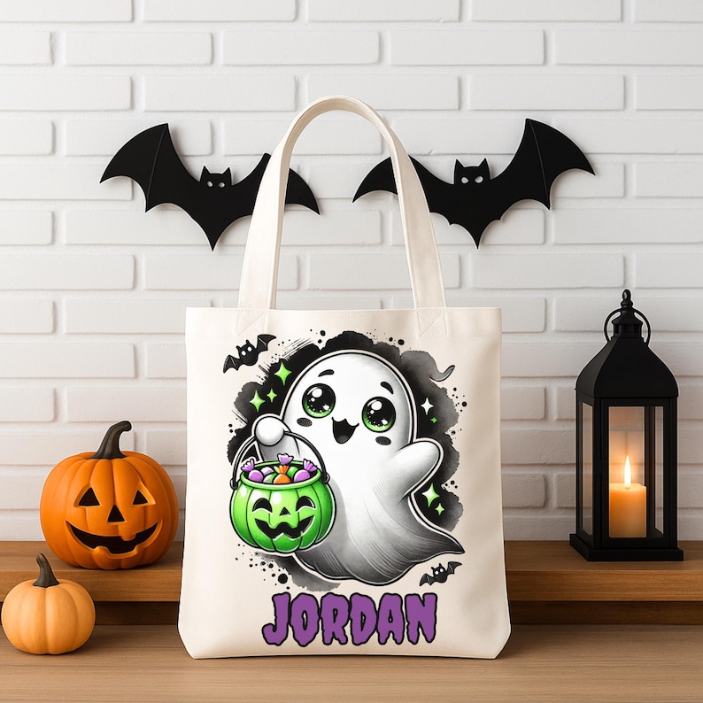 Personalized Halloween Canvas Tote Bag, Ghost or Cat Design - Etsy